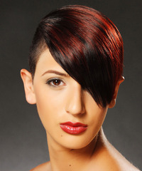 Straight Dark Mahogany Red Asymmetrical Haircut With Orange Highlights