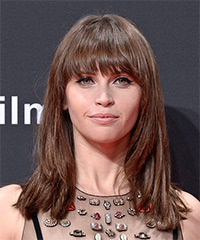 Felicity Jones Long Straight Brunette Hairstyle with Blunt Cut Bangs