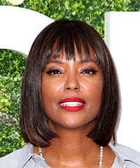 Aisha Tyler Medium Straight Dark Brunette Bob Haircut with Blunt Cut Bangs